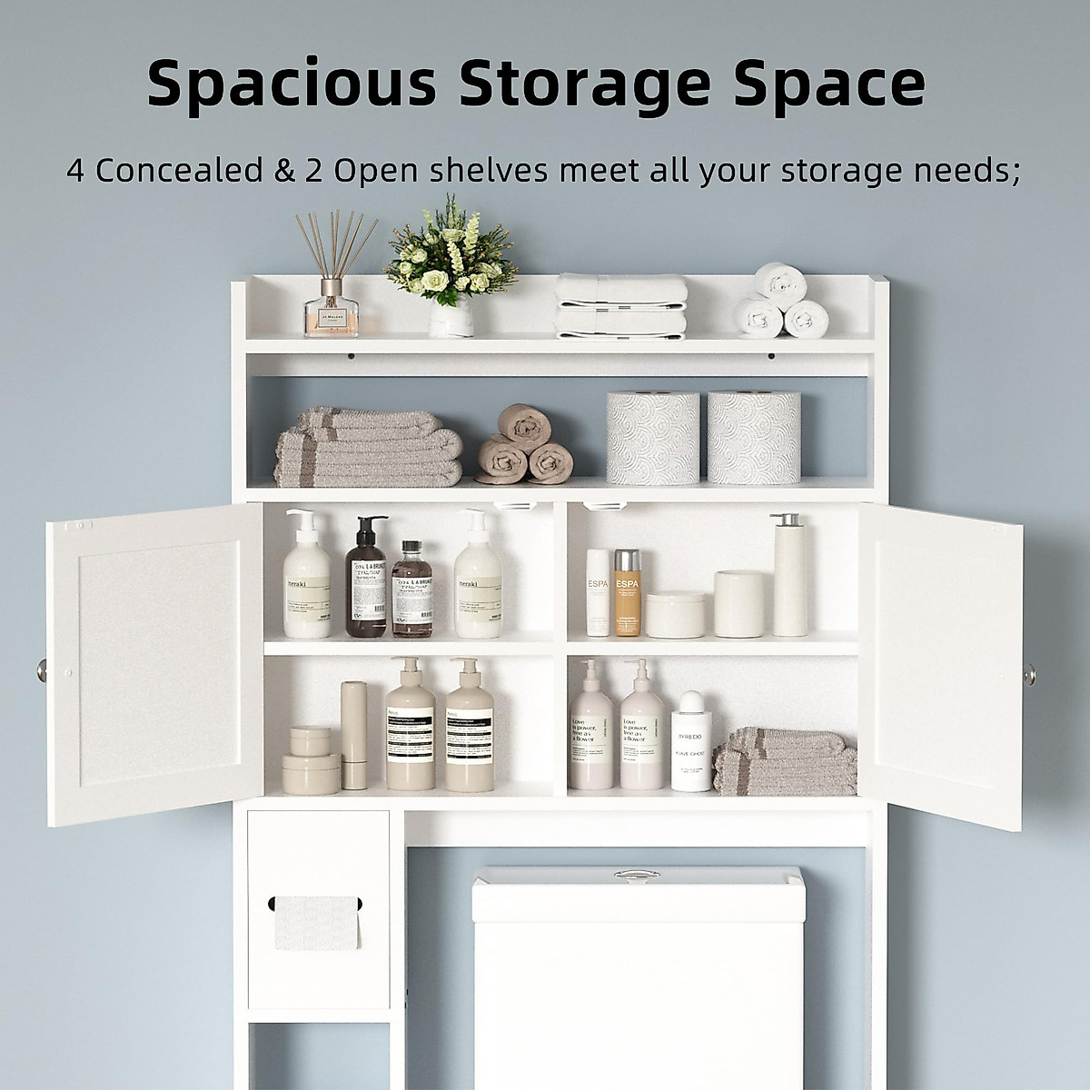 IdeaKey Over The Toilet Storage Cabinet with Toilet Paper Holder Stand, 7-Tier Freestanding Bathroom Over Toilet Storage with Shelves and Doors, Behind Toilet Storage Cabinet, White