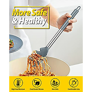 Pack of 2 Silicone Pasta Fork, Kitchen Heat Resistant Noodle Spoon Server, BPA Free Spaghetti Strainer,Best Cooking Tools (Gray-Blue)
