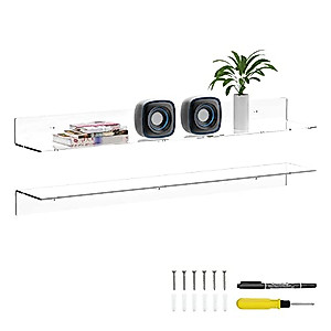 Sezanrpt 36 Inches Clear Long Floating Shelves for Wall, Acrylic Long Wall Shelf, Wall Mounted Shelves for Plants, Radio, Funko Pop, Books, Picture Frame, Clock, Cosmetics, Toiletries, 2 Pack