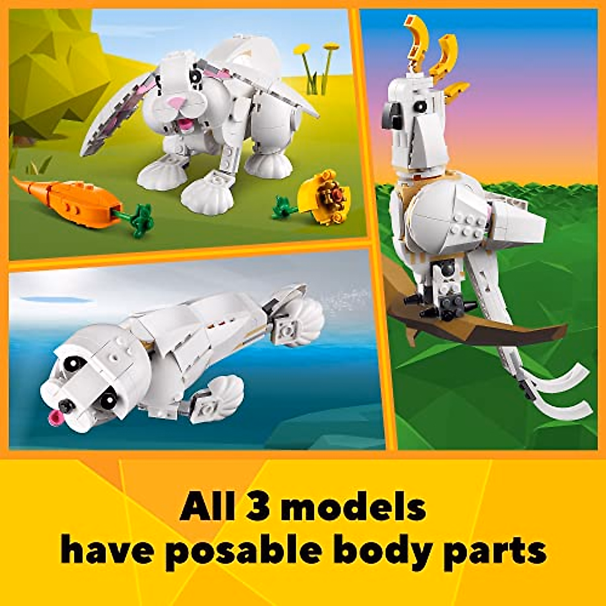 LEGO Creator 3 in 1 White Rabbit Animal Toy Building Set, STEM Toy for Kids 8+, Transforms from Bunny to Seal to Parrot Figures, Creative Play Building Toy for Boys and Girls, 31133