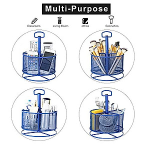 Marbrasse Mesh Desk Organizer, 360-Degree Rotating Multi-Functional Pen Holder, 4 Compartments Desktop Stationary Organizer, Home Office Art Supply Storage Box Caddy (Blue)