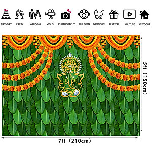 India Pooja Traditional Backdrop for Photography Marigold Green Banana Leaf Chatiya Ganesh Traditional Festival Background Puja Ganpati Wedding Party Decorations Photo Props (7x5FT)