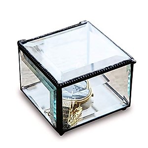 Retro Clear Glass Box Keepsake Jewelry Trinket Boxes Home Decor, Beveled Glass Display Box, 3.75x3.75x3 in