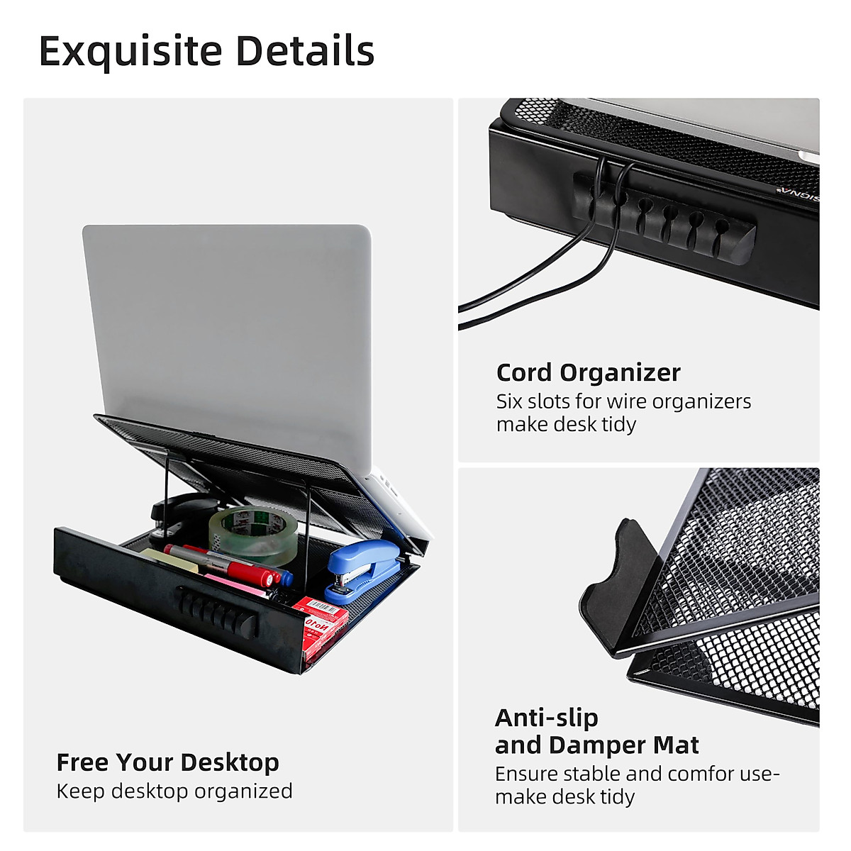 DESIGNA Metal Mesh Ventilated Adjustable Laptop Stands Computer Notebook Holder Stand Riser Compatible with Apple MacBook Air Pro Dell XPS HP Samsung Lenovo More Laptops up to 19"- Black