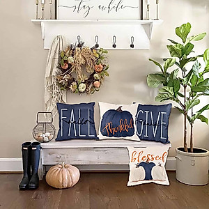 Vellibring Fall Pillow Covers 20 x 20 Inch Blue Pumpkins Throw Pillow Covers for Farmhouse Autumn Cushion Covers Thanksgiving Pillow Case for Indoor Home Bedroom Sofa Decor