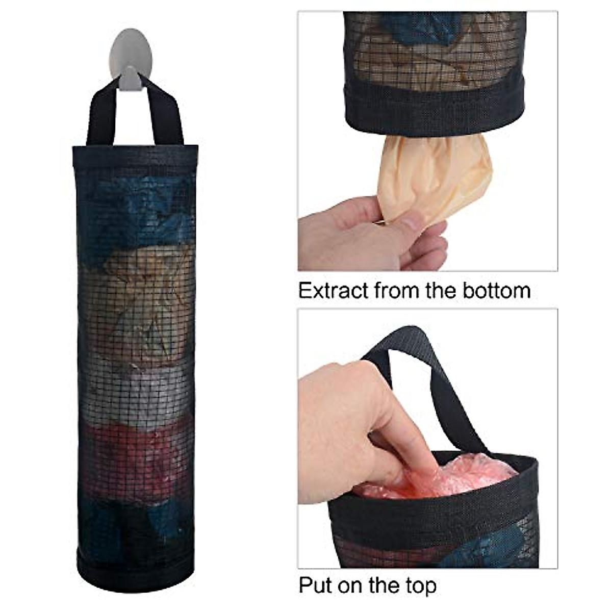 Mesh Garbage Bag Sulimy Plastic Bag Holder Dispensers 2pcs Folding Hanging Storage Bag Trash bags Holder Organizer Recycling Grocery Pocket Containers with 2 Hooks for Home and Kitchen Black