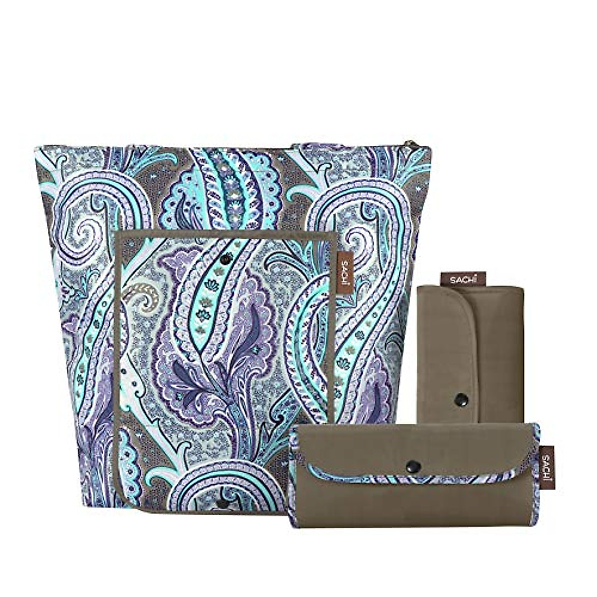 Sachi 3 Piece Market Tote Set – Insulated Thermal Reusable Grocery Bags for Cold and Hot Foods – Lightweight, Portable and Fold-able (Brown Damask Paisley)