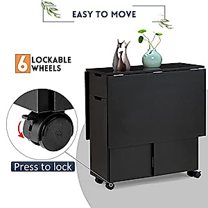 JOMEED Folding Dining Table with 6 Wheels, Drawer and 2-Layer Storage Shelf, Drop Leaf Table for Small Space Space Saving Dining Table for Kitchen, Living Room (Black Walnut)