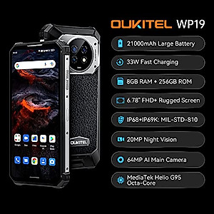 OUKITEL WP19 Rugged Smartphone Unlocked, 21000mAh Battery 8GB 256GB Android 12 Cell Phone, 64MP Camera 20MP Night Vision, 6.78" FHD+ Rugged Phone, Waterproof Mobile Phone Unlocked 4G Dual Sim OTG NFC