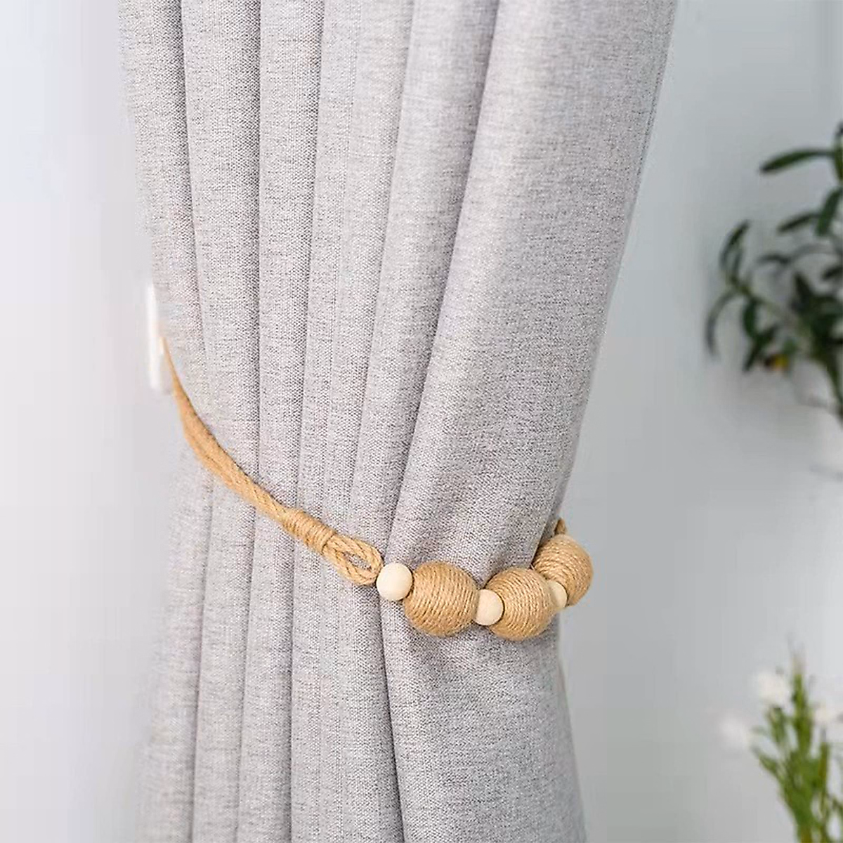 Boho Curtain Tiebacks Ropes, Magnetic Drapery Buckles for Decoration, Boho Curtain Tiebacks Curtain Holdbacks for Wall Curtain Tiebacks Window Drape Tie Back with Hooks for Bedroom Wall (Beige)