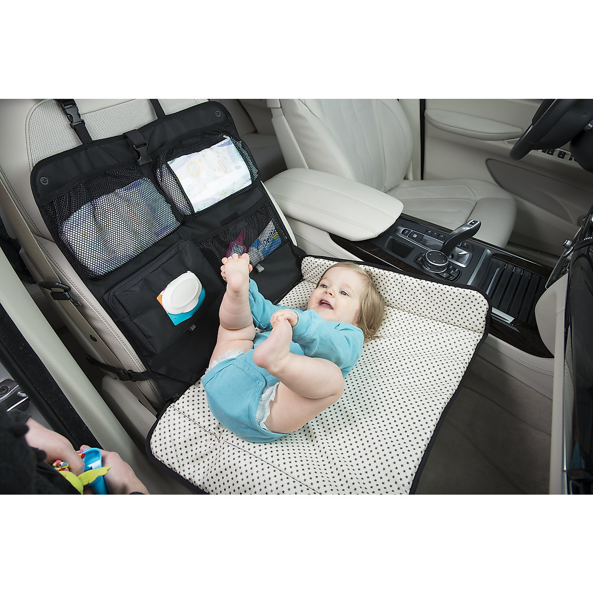 Beanko Baby Portable Diaper Changing Station for Your Car | Waterproof, Detachable, Toy Loops, 4 Pockets, Wet Wipes Holder, Tummy Time Mat, Kick Mat, Tablet Holder | LUMI - Black with Ministars