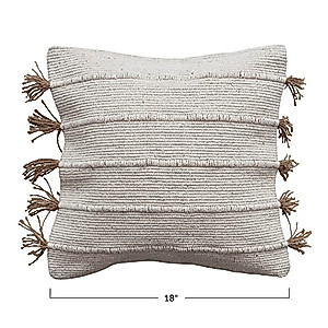 Creative Co-Op Boho Woven Jute and Cotton Throw Embroidery and Tassels, Natural Pillow, Ivory