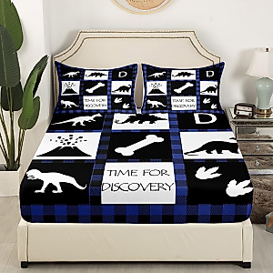 Cartoon Dinosaur Bed Sheets Twin Size 3 Pcs Cute Wild Animal Paw Print Decor Sheets Set for Kids Teens Adults Blue Black White Grid Jungle Style Bedding Set with Flat,Fitted Sheet,1 Pillowcase