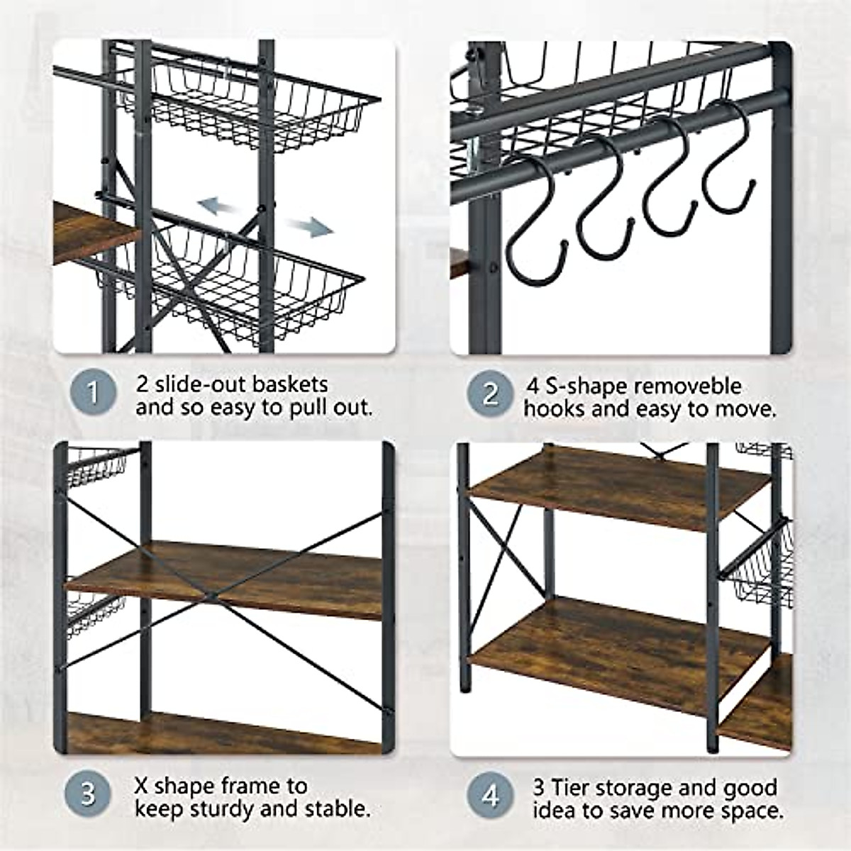 Hoctieon 3 Tier Microwave Oven Shelf, Microwave Storage Kitchen Storage Rack with 4 Hooks, Microwave Stand with 2 Slide-Out Baskets,Kitchen Baker's Rack, Microwave Oven Stand