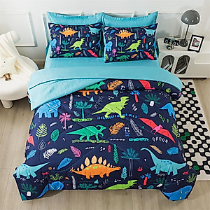 qjmiaofang Dinosaur Bedding for Boys 5 Pieces Dinosaur Comforter Twin Size Kids Teens Dinosaur Bed Set with Blue Sheets Jungle Dinosaur Bed in A Bag Cartoon Dinosaur T-Rex Comforter for Home Decor
