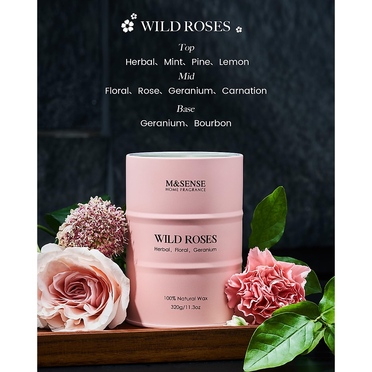 M&SENSE Wild Rose Natural Scented Candle, 70 Hours Long Lasting Soy Candles 11.3oz, Stress Relief Aromatherapy Candles for Women, Romantic Candle Gifts Valentines Day Gifts for Her