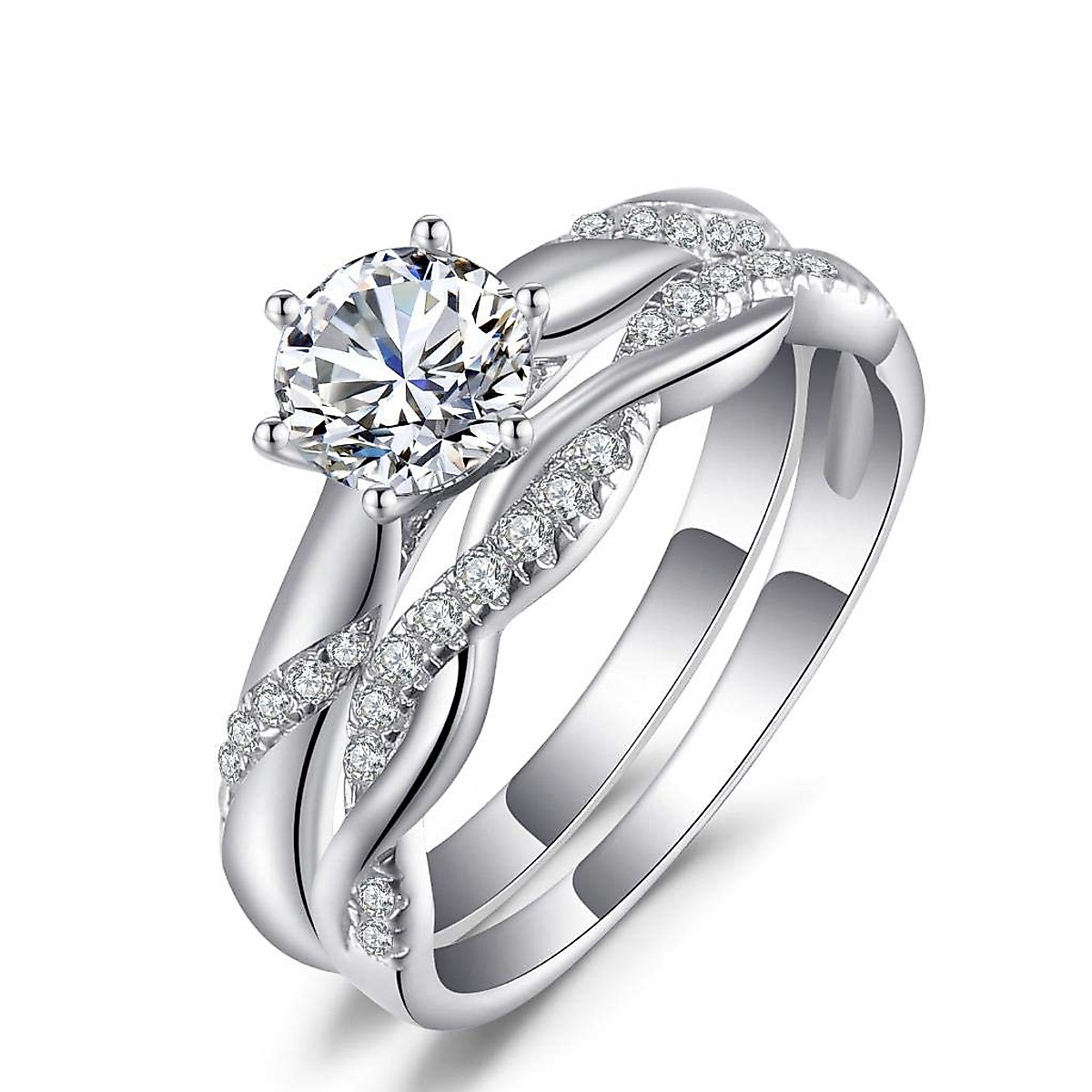 Castillna Sterling Silver Twisted Flame Simulated Diamond CZ Cubic Zirconia Engagement Wedding Bridal Rings Set