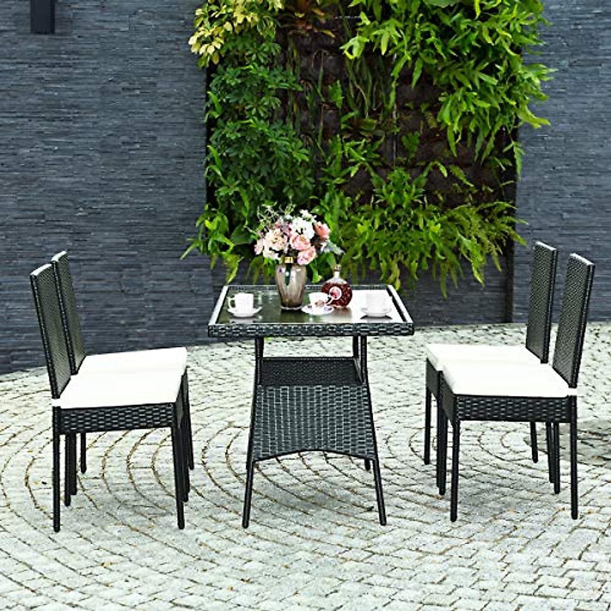 Tangkula 5 Piece Wicker Patio Dining Set, Outdoor Rattan Table & Chairs Set with Tempered Glass Top & Padded Cushions, Patio Furniture Dining Table Set for Balcony Patio Garden Poolside