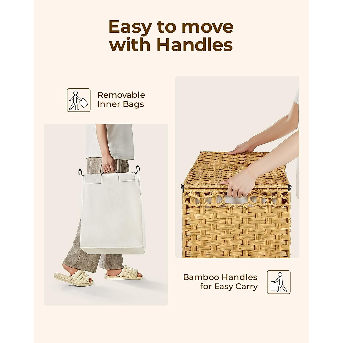 Greenstell Laundry Hamper with Lid and 2 & 1 Removable Liner Bags, No Install Needed, 130L Collapsible Laundry Basket, Wicker Clothes Hamper with Handles, Hamper for Bedroom, Bathroom, Goose Yellow