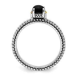 Solid 925 Sterling Silver and 14k Yellow Gold Stackable Onyx Vintage Antiqued Ring Eternity Band Size 8