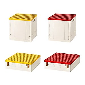 SHIMOYAMA Collapsible Duplo Storage Box, 2 Pack, 25L Storage Bins with Building Play Lid, 26 Qt. Foldable Organizer for Duplo Bricks, Yellow and Red