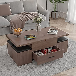 Multifunctional Folding Dining Table Set Lift Top Coffee Table with 4 Storage Ottoman Extendable for 8, Fully Assembled Space Saving Table for Compact Living Space, 47 in, White Oak