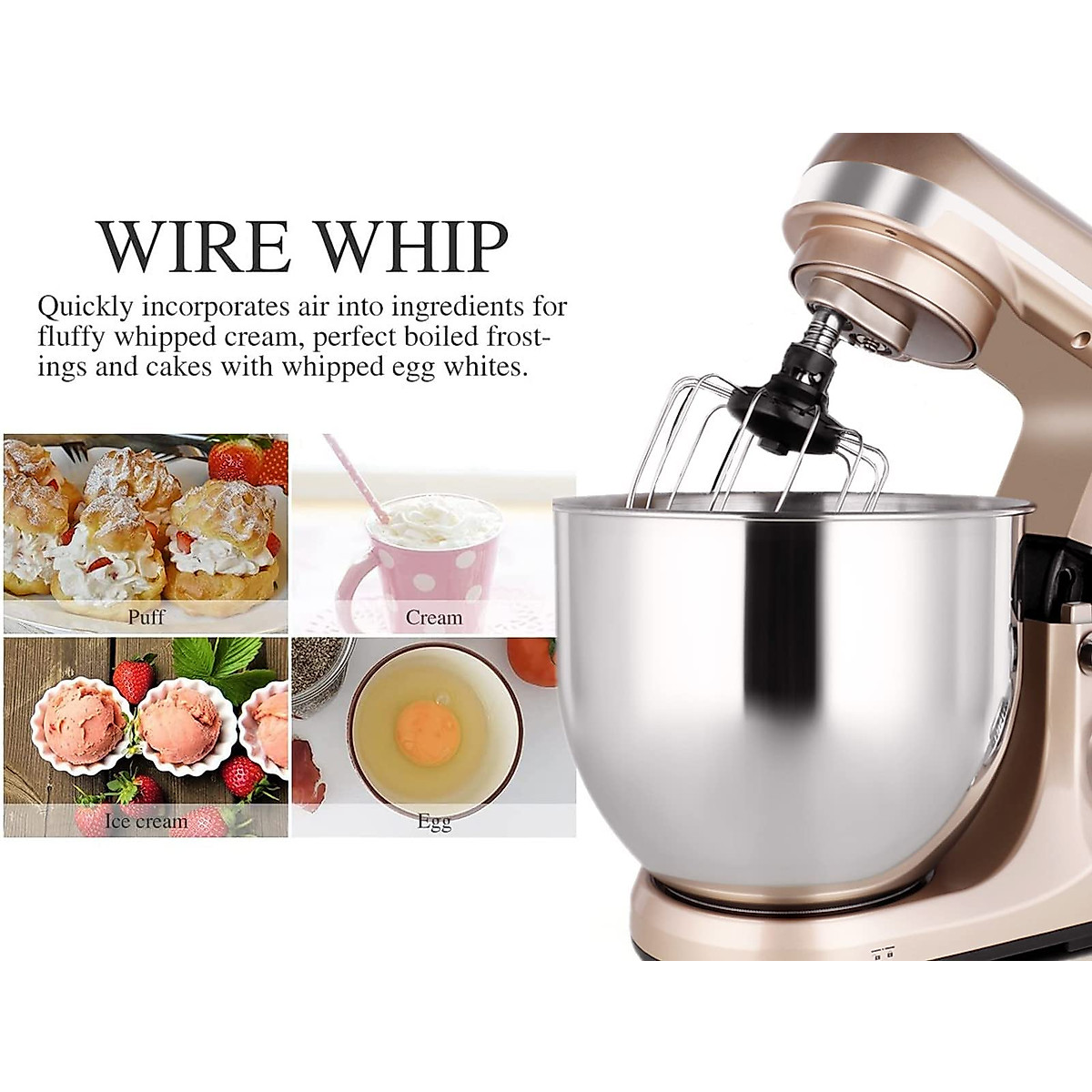 MURENKING Professional Stand Mixer, 6-Qt with Timer, MK37 500W 6-Speed Tilt-Head Food Electric Mixer Kitchen Machine,Plastic (Champagne)