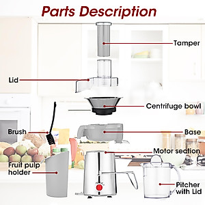 1200W 3 Speeds Centrifugal Juicer Machines Vegetable and Fruit, Regenerate Juice Extractor with Big 3" Wide Mouth, Compact Juice Maker, Easy to Clean, High Juice Yield, BPA Free, Silver