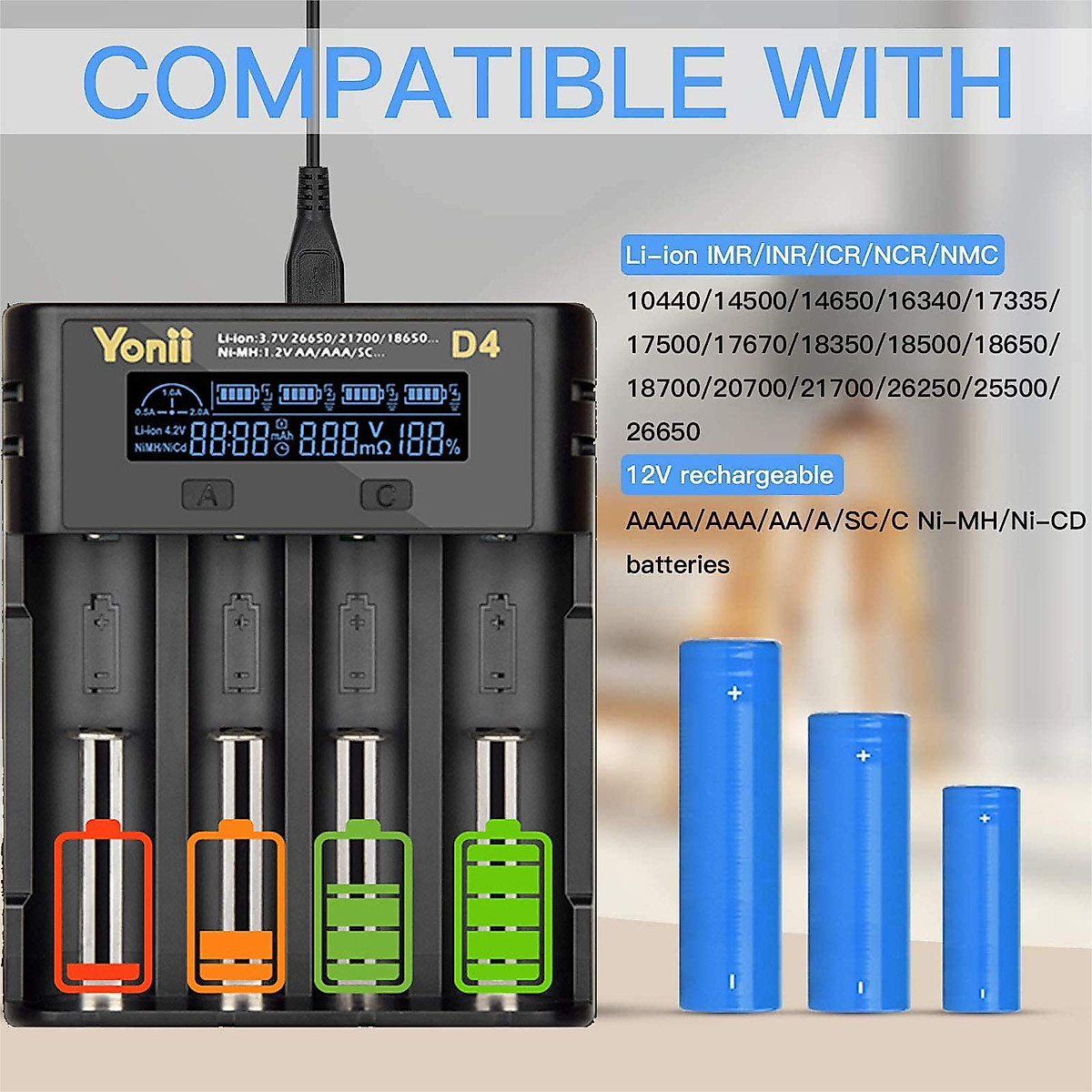 PUNLIM 18650 Battery Charger, Universal Smart LCD Display Fast Charger for Rechargeable Batteries Ni-MH Ni-Cd AA AAA Li-ion LiFePO4 IMR 10440 14500 16340 RCR123A 26650 3.7v 1.5v