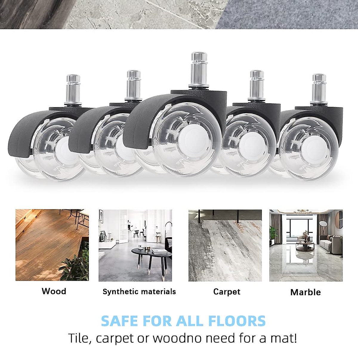 Office Chair Casters Wheels Replacement 2 Inch Heavy Duty Silent Rubber Chair Casters with Standard Stem 7/16″* 7/8″(11mm*22mm) Suitable for Hardwood Floors and Carpet,Set of 5-Universal fit