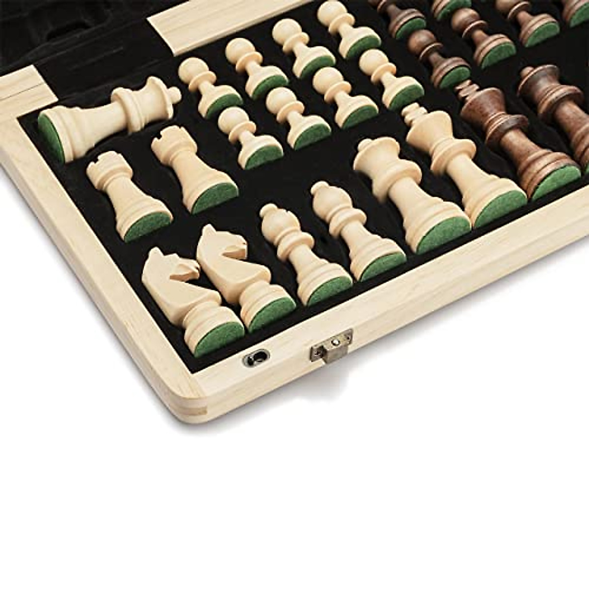 A&A 15 inch Foldable Wooden Magnetic Chess Set w/ 3 inch King Height Staunton Chess Pieces - Pine Box w/Mahogany & Maple Inlay