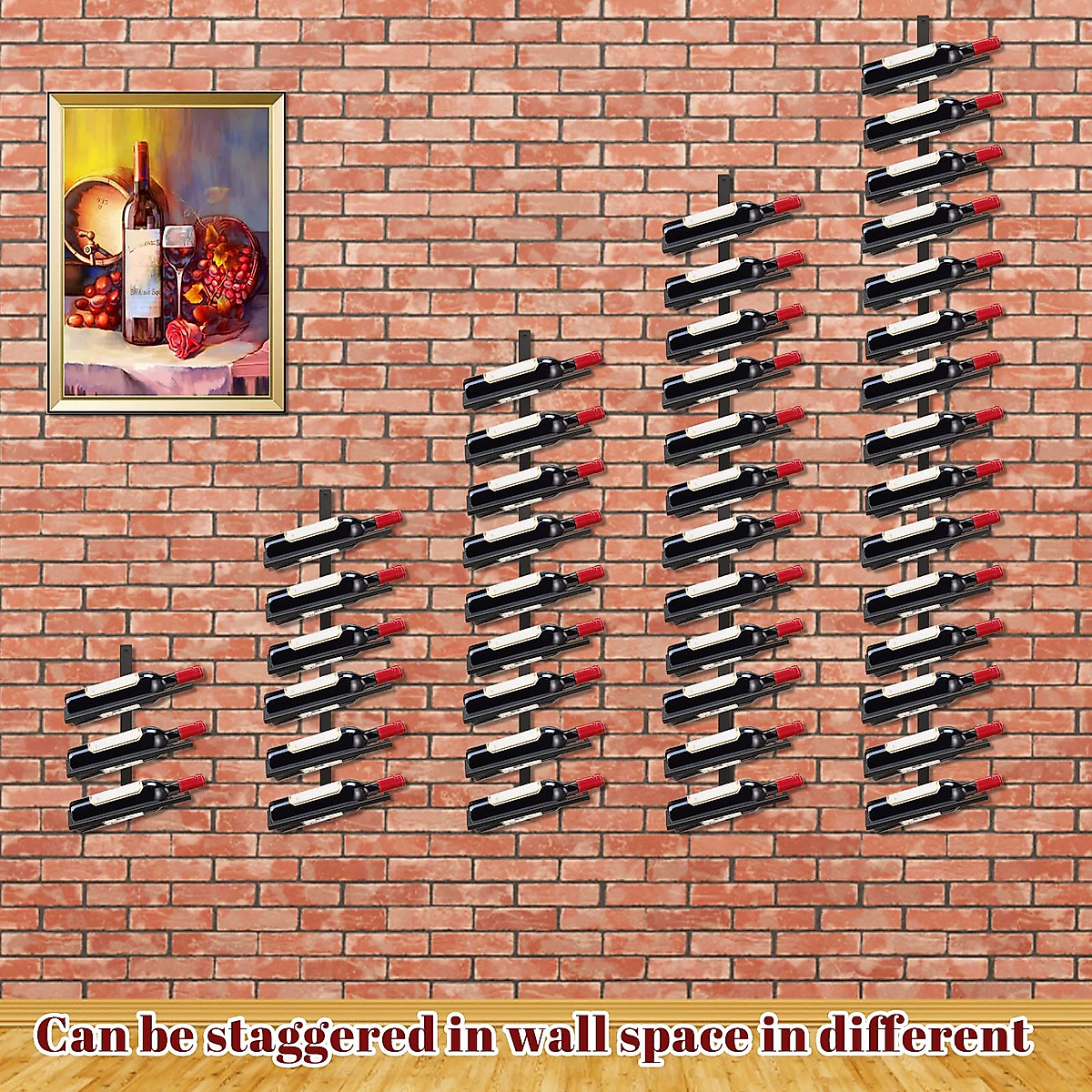 YALINKA Wall Mounted Wine Rack Holds 12 Bottles, Adjustable Separable Black Metal Hanging Wine Bottle Holder, Liquor Bottle Display Shelf for Kitchen Pantry Bar Wine Cellar