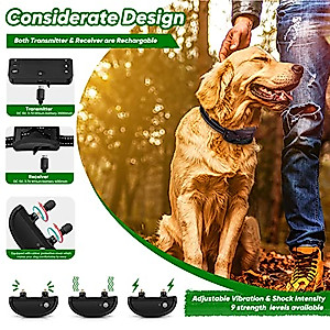 BHCEY Wireless Dog Fence,Electric Fence & Remote Training Collar,Adjustable Vibration & Shock,Wireless Boundary Contaiment,IP65 Waterproof Training Collar for All Dogs (for 2 Dogs)