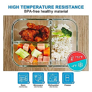 3 Pack 33.8oz Bento Box Meal Prep Glass Containers 3 Compartments with Lids Glass Food Storage Containers Glass Lunch Containers Glass Food Prep Containers with Lids Lunch Box Snack Container for Oven