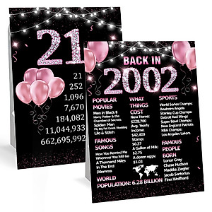 21st Birthday Party Signs with Paper Holder - 2pc Rose Gold Vintage 2002 Birthday Party Table Signs Decorations for Happy Birthday Party Activities Celebration Reception Table Supplies - taopink02