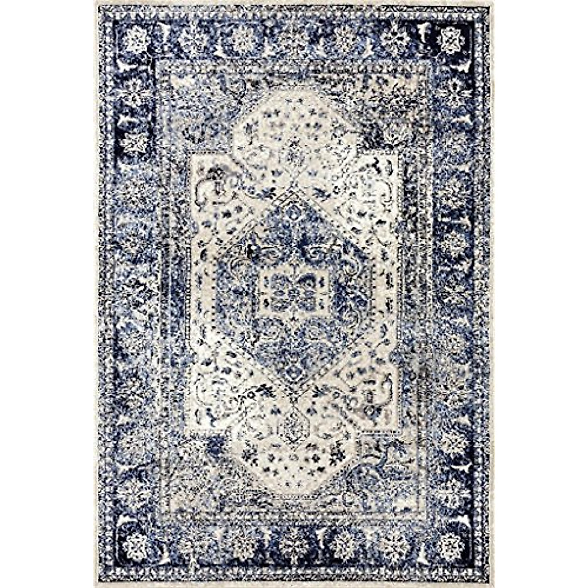 Persian-Rugs Distressed Ivory 5x7 Area Rug, Blue French Country Rug for Living Room and Kitchen