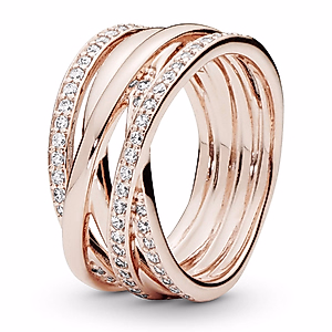 Pandora Sparkling & Polished Lines Entwined Ring - Rose Gold Ring for Women - Chic Cocktail Ring - Gift for Her - 14k Rose Gold-Plated Rose with Cubic Zirconia - Size 8.5