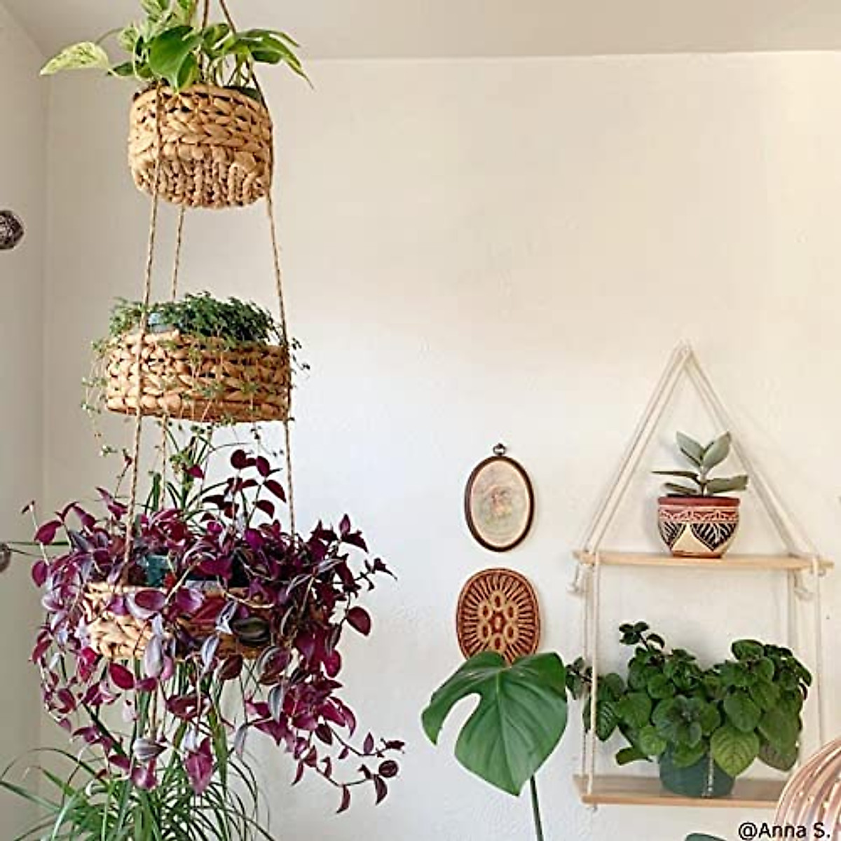 Hanging Shelves for Wall [Set of 2 w/ Hooks] Wooden Shelf, Hanging Fruit Basket Woven 3 Tier for Kitchen, Counter Space Saver Decorative Storage Boho Home Decor Planter Bathroom, Living Room Bedroom