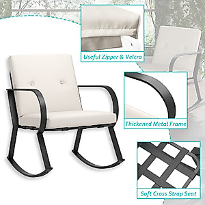 Flamaker Patio Chairs 3 Piece Outdoor Rocking Chairs Upgraded Metal Bistro Set with Thickened Cushions & Coffee Table Modern Patio Furniture for Porch, Balcony and Lawn (Beige)