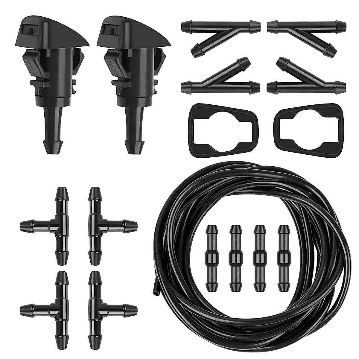 Hawyet 1 Set Windshield Washer Hose Kit, With 16.4 Ft/5 M Hose, 12 Connectors, 2 Fan Nozzles, 2 Rubber Gaskets, Windscreen Washer Kits for Most Car Models (Black)