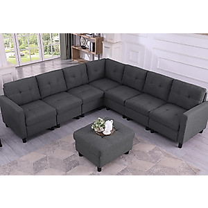 asunflower Modular Fabric Sectional Sofa Ottoman Set, L Shape Sofa Couch with Console, Cup Holder, Charging Ports Convertible Sectional Couch for Living Room Apartment