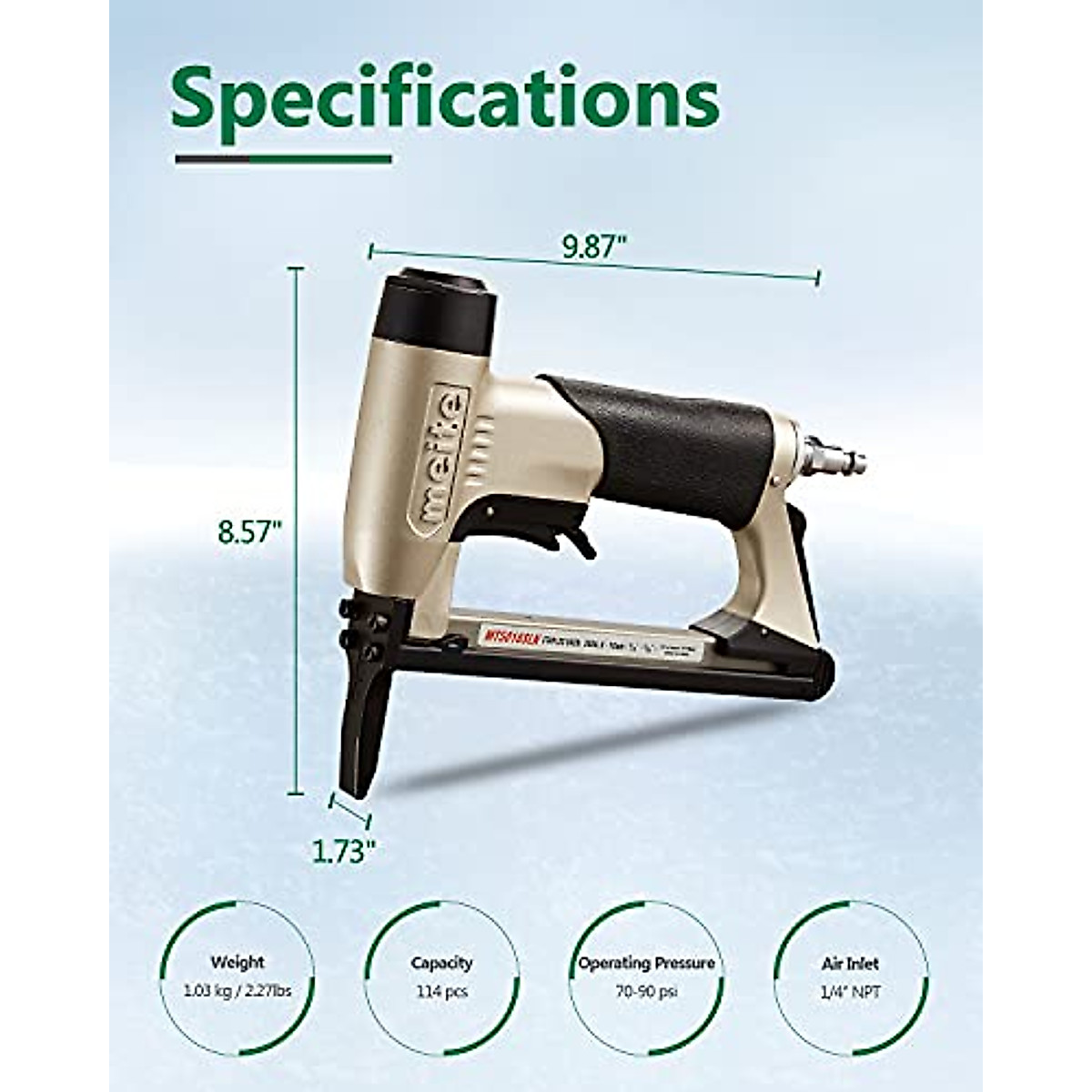 meite MT5016SLN Pneumatic Upholstery Stapler 20 Gauge 1/2-Inch Crown 1/4-Inch to 5/8-Inch Length Long Nose Stapler Fine Wire Stapler with Safety