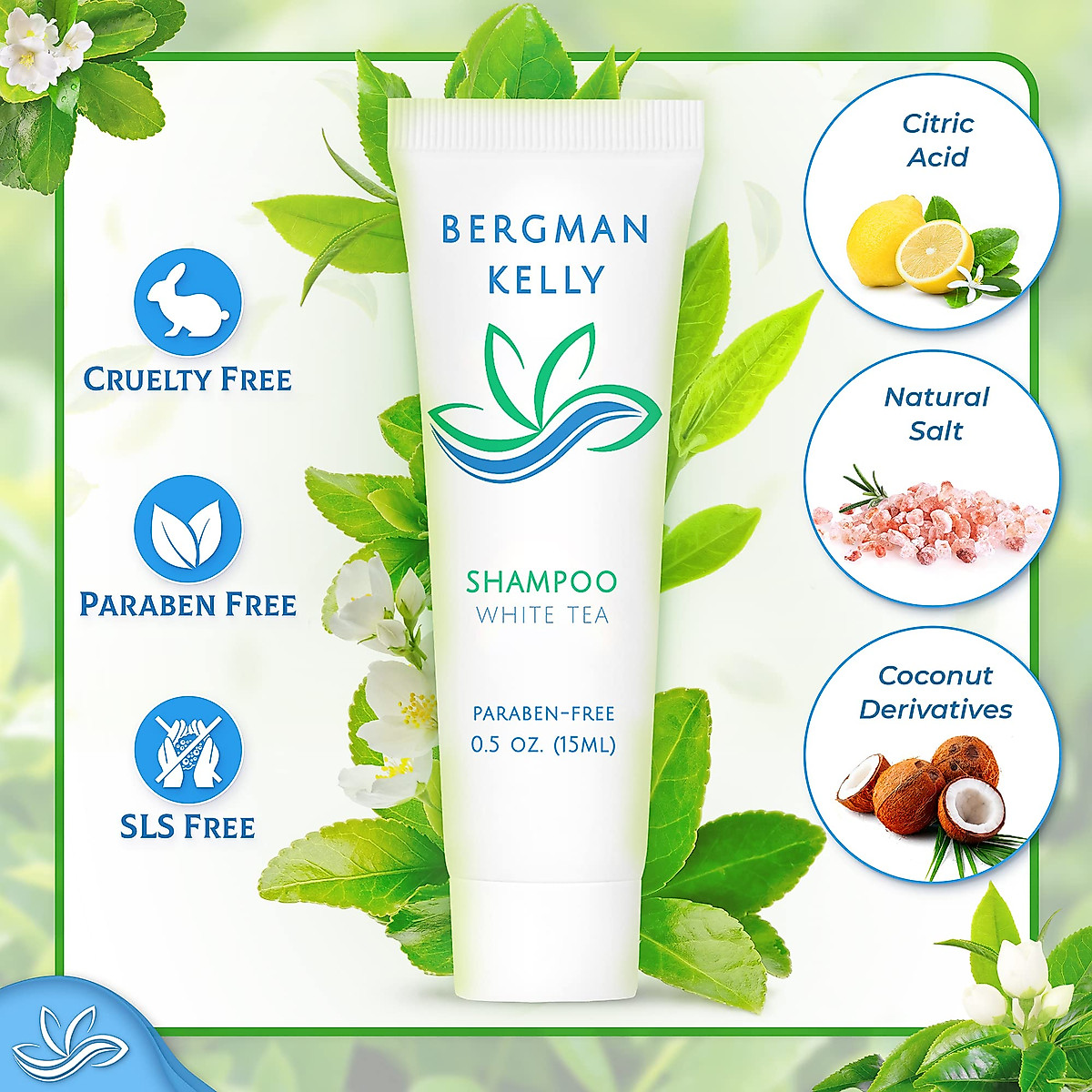 BERGMAN KELLY Round Hotel Soap Bars, Shampoo & Conditioner 3-Piece Set (0.5 oz each, 150 pc, White Tea), Delight Your Guests with Revitalizing & Refreshing Mini Travel Toiletries & Bulk Amenities