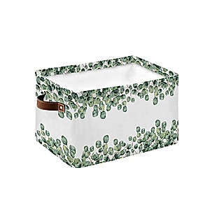 Summer Tropical Green Leaves Filling Storage Baskets for Organizing, Watercolor Plants Fabric Storage Bins for Shelf, Collapsible Cube Bin with Handles for Closet（15''x11''x9.5''）