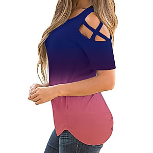 Womens Plus Size Tops T-Shirt Summer Shoulder Cold Women Strappy Short Blouses Gradient Sleeve Tops Women's Blouse Purple