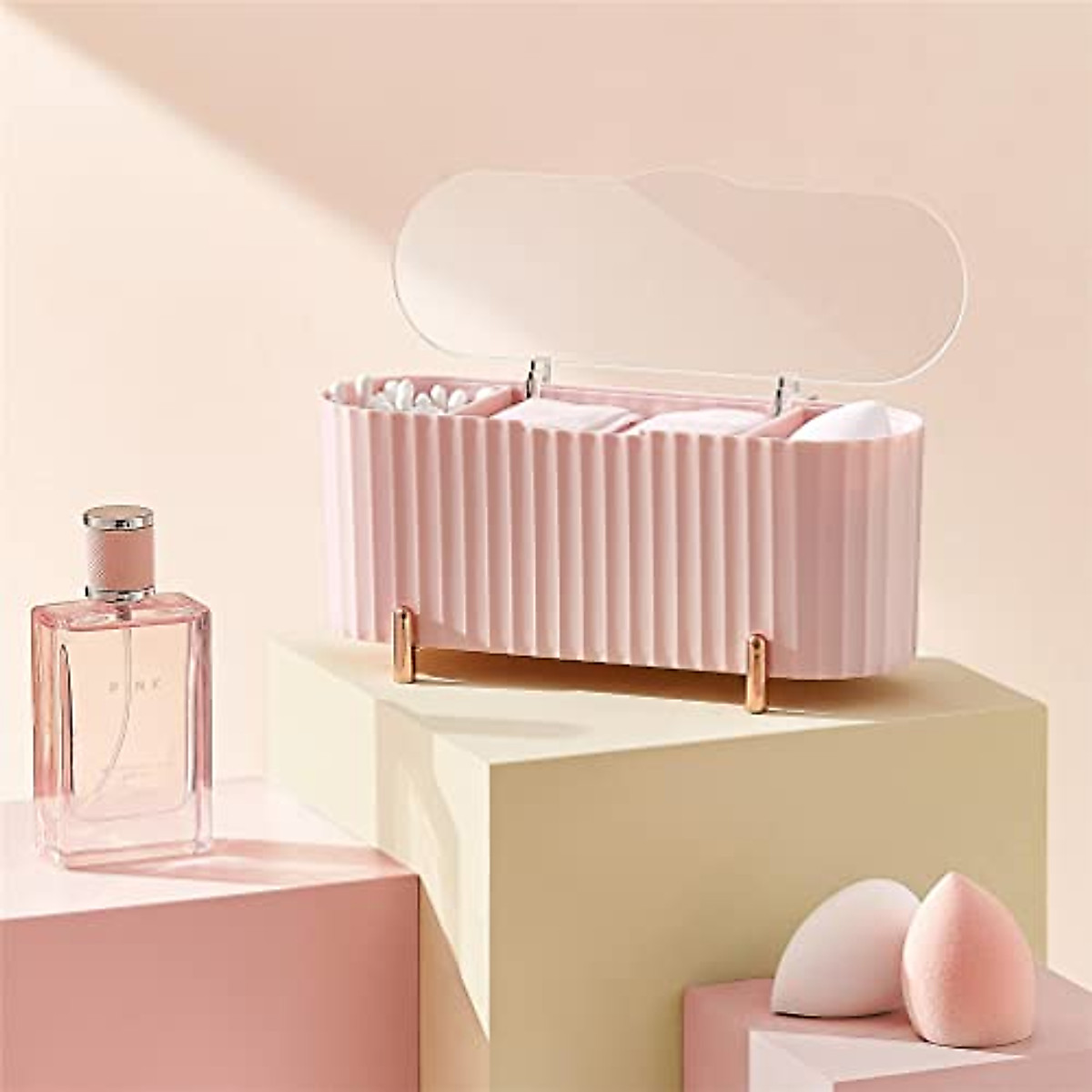 FKOG Pink Qtips Holder, Multi-functional Bathroom Storage Organizer, Detachable 3 Grids Separate Cotton Swabs Dispenser for Cotton Ball Cotton Pads Swabs Ball Floss (Pink)