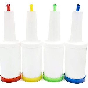 Trendy Bartender Color Coded Flow N Stow Juice Bottles (32oz / 1 Quart, Set of 4) – Commercial Grade Bar Pourers with Spout and Lid for Effortless Mixing, Pouring, and Storage