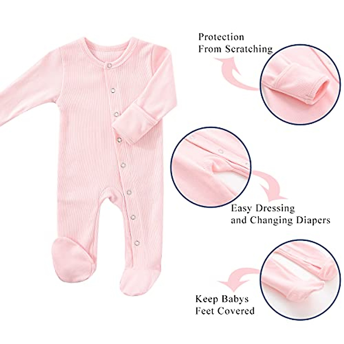 KISBINI Baby Footed Pajamas with Mitten Cuffs Unisex Cotton Snap-up Romper Jumpsuit Sleep and Play 0-12 Months Footies