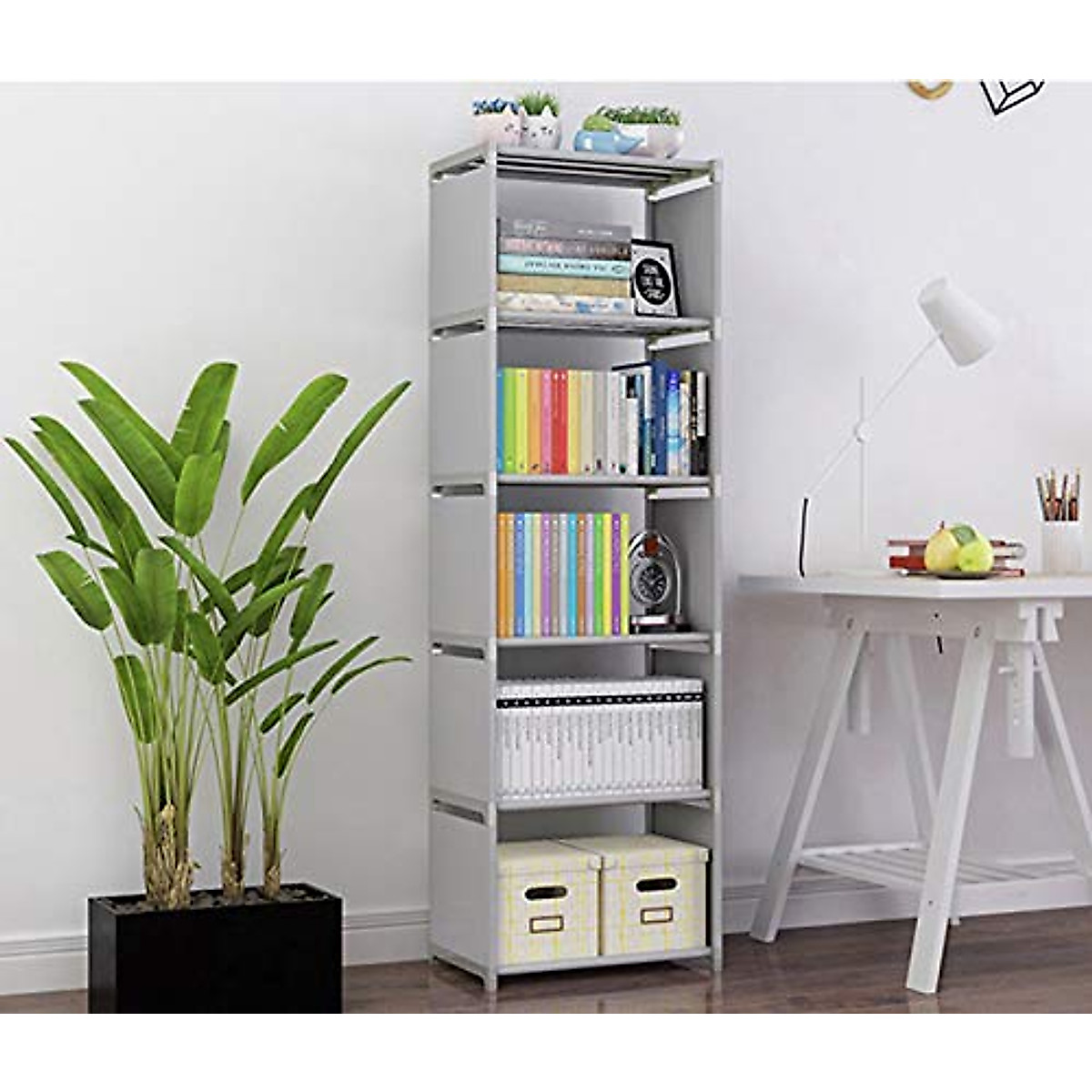 NiceAI Bookshelf Lightweight Slim Modern Bookcase Metal Framework Children's Room Arrangement Toys Office A4 File Books Kitchen Clothing Storage Rack Gray