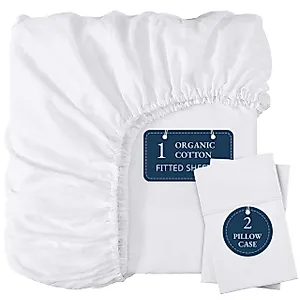 LANE LINEN Fitted Sheet Full Size, 100% Organic Cotton, 3-Piece Set (1 Fitted Sheet, 2 Pillowcases) Percale Weave, Bed Fitted Sheets, Breathable, Fits Mattress Upto 15" Deep - White (No Flat Sheet)
